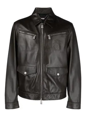 BILLIONAIRE Leather Bomber Jacket - Brown