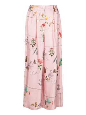 LANVIN Foliage-print Silk Palazzo Trousers - Pink