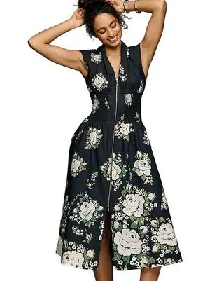 Maeve The Tommie Zip-front Midi Dress - Black Floral