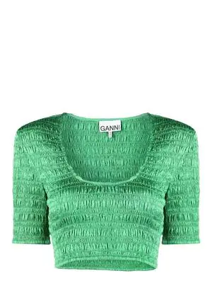 GANNI Cropped Smocked Top - Green