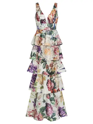 Marchesa Tiered Embellished Floral-print Chiffon Gown - Ivory