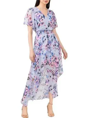 Chaus Floral Smocked Waist Fil Coupé Chiffon Maxi Dress - Blue/purple/pink
