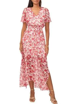 Chaus Floral Maxi Dress With Asymmetric Hem - Ivory/red/lavender