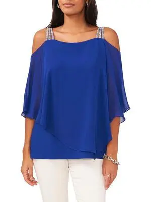 Chaus Rhinestone Cold Shoulder Blouse - Goddess Blue