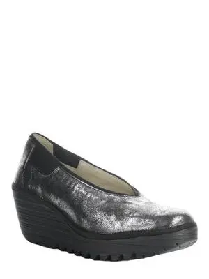 Fly London Yoza Leather Wedge Ballerinas - Silver Dk Flash