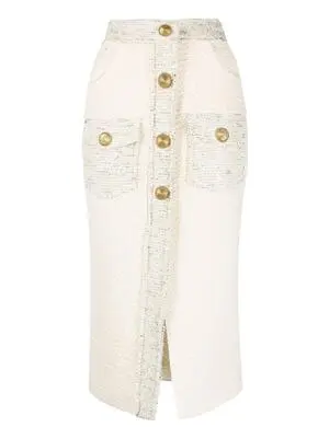 Balmain Bouclé-tweed Pencil Skirt With Button Detail - Neutrals