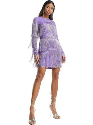 Asos Beaded Fringe Long Sleeve Minidress - Purple