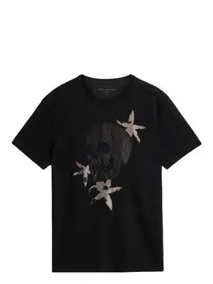 John Varvatos Embellished Skull Floral Linen & Modal Graphic Tee - Black