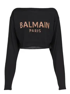 Balmain Cropped Jacquard Wool-blend Sweater - Black
