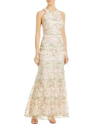 Eliza J Appliqued Embroidered Halter Gown - Pink Champagne