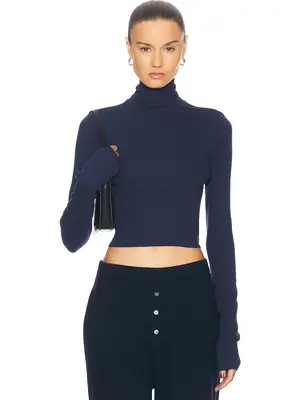 Eterne Cropped Fitted Turtleneck Top - Navy