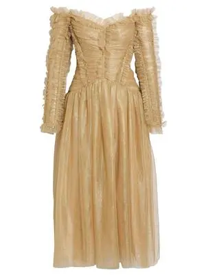 Zimmermann Off-the-shoulder Ruched Metallic Tulle Midi Dress - Gold
