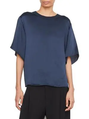 Vince Rib Trim Crewneck Silk Top - Coastal