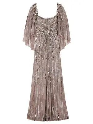 Jenny Packham Cape-effect Embellished Tulle Gown - Purple