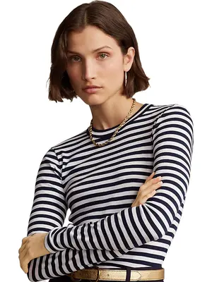 Ralph Lauren Striped Ribbed Long-sleeve Tee - Cruise Navy/white