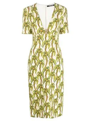 Roberto Cavalli Palm Tree-print Midi Dress - Neutrals