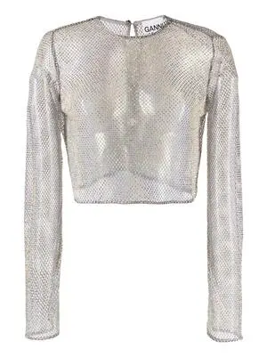 GANNI Crystal-embellished Cropped Mesh Blouse - Grey