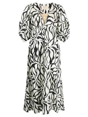 CALA DE LA CRUZ Botanical-print Button-up V-neck Dress - Neutrals