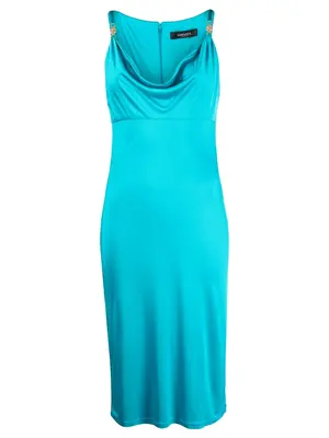 Versace Logo-plaque Cowl-neck Midi Dress - Blue