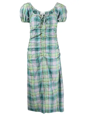 GANNI Checked Seersucker Midi Dress - Green