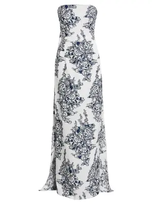 Oscar De La Renta Strapless Flocked Jacquard Gown - Navy