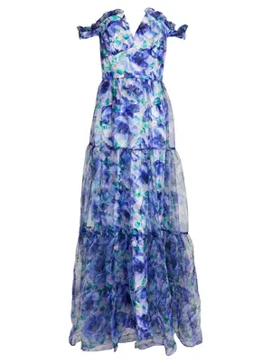 Theia Off-the-shoulder Floral-print Organza Gown - Indigo