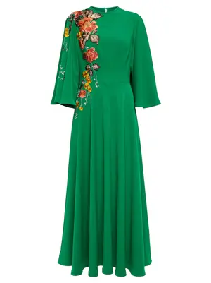Costarellos Zinnia Embroidered Cape Maxi Dress - Green