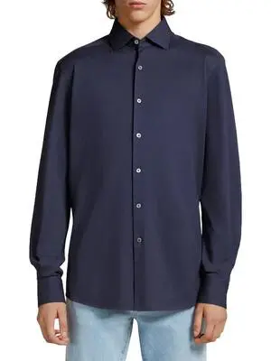 Zegna Stretch Cotton Jersey Button-up Shirt - Navy