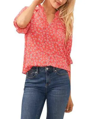CECE DUPRAZ CeCe Floral Tie Neck Blouse Calypso Coral