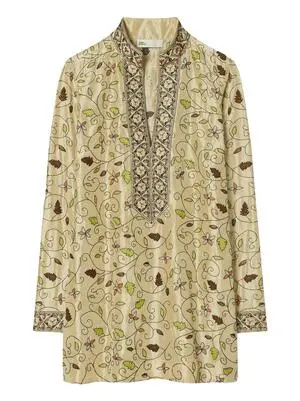 Tory Burch Embroidered Silk Tunic - Neutrals