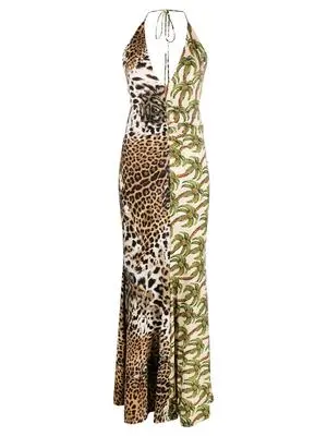 Roberto Cavalli Mix-print Halterneck Maxi Dress - Neutrals