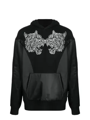 PLEIN SPORT Tiger-print Panelled Hoodie - Black