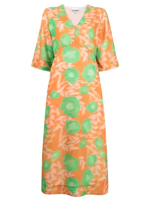 GANNI Floral-print Midi Dress - Orange