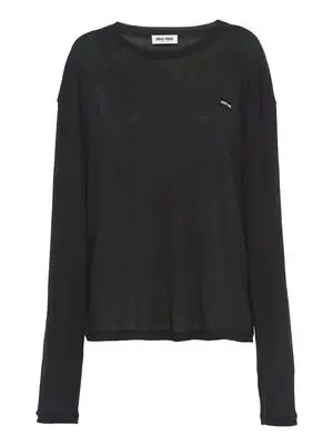 Miu Miu Long-sleeved Gart-dyed Ribbed Knit Jersey T-shirt - Black