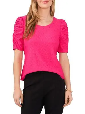 Chaus Eyelet Ruched-sleeve Knit Top - Bright Rose 608