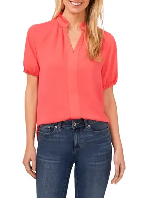 CECE DUPRAZ CeCe Ruffle Split Neck Blouse Calypso Coral Red