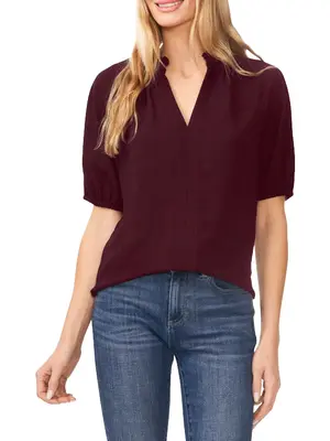 CECE DUPRAZ CeCe Ruffle Split Neck Blouse Rich Cabernet Burgundy
