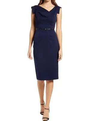 Black Halo Jackie Belted Stretch Gabardine Sheath Dress - Eclipse