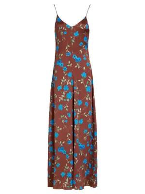 GANNI Floralprint Stretchsilk Satin Maxi Slip Dress - Brown