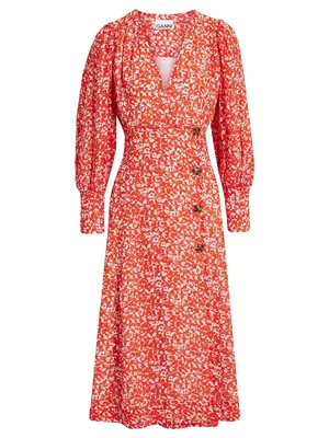GANNI Printed Crepe Midi Dress - Orange