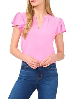 CECE DUPRAZ Flutter Sleeve V-neck Top - Bright Peony