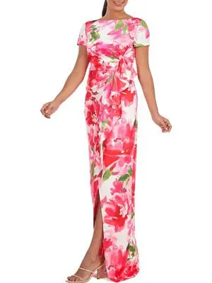 KAY UNGER Franca Floral Column Gown - Hibiscus