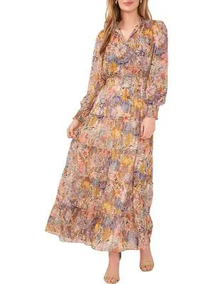 Chaus Floral Metallic Smocked Waist Tiered Midi Dress - Ivory/multi