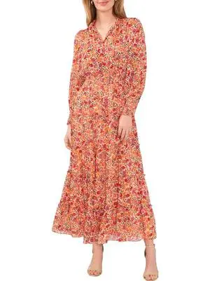 Chaus Floral Smocked Waist Long Sleeve Tiered Midi Dress - Peach/multi