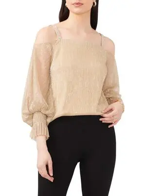 Chaus Rhinestone Cold Shoulder Metallic Blouse - Gold 711