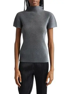 Issey Miyake Basics Pleated Funnel Neck Top - Light Gray