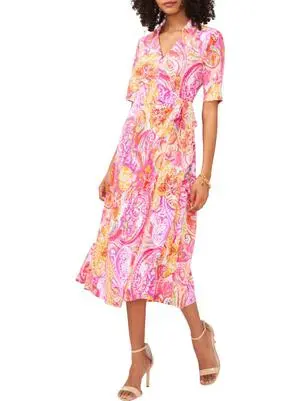 Chaus Printed Faux-Wrap Midi Dress White/fuchsia/mustard