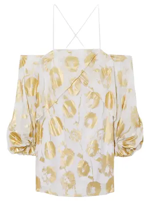 Halpern Cold-shoulder Metallic Floral-print Mini Dress - Gold