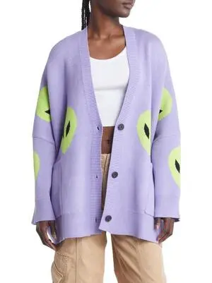 DRESSED IN LALA Boxy Oversized Printed Cardigan - Lavender Alien