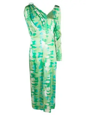 GANNI Printed Off-shoulder Silk Dress - Green